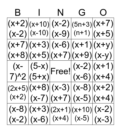 Factoring Bingo Card