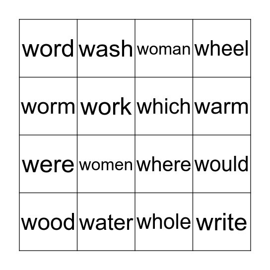 Words with W Bingo Card