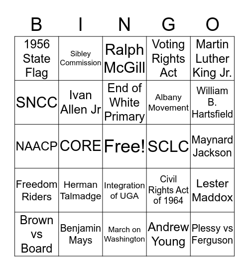 Civil Rights Movement Bingo Card