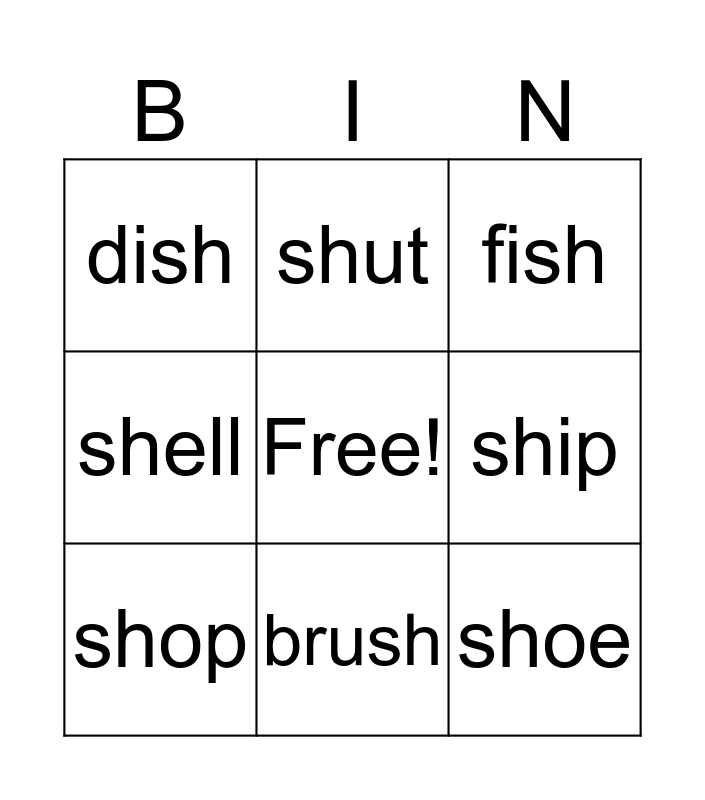 sh Words Bingo Card