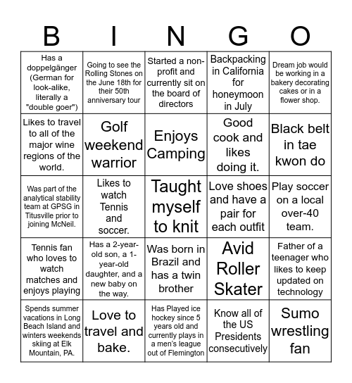Fun Facts Bingo Card