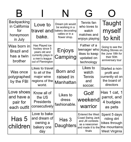 Fun Facts Bingo Card