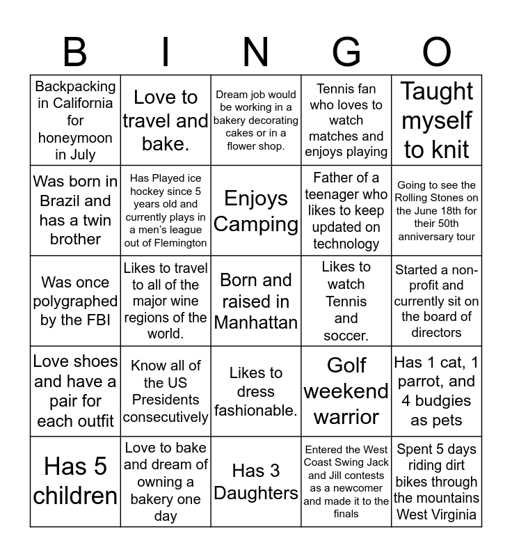 Fun Facts Bingo Card