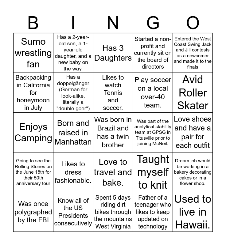 Fun Facts Bingo Card