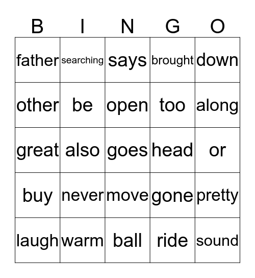 1st grade High Frequency Words Bingo Card
