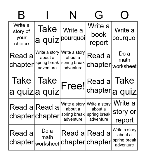 Spring Break Bingo Card