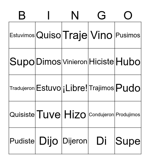 El pretérito: los verbos irregulares Bingo Card