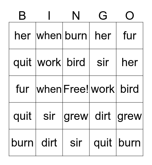 Spelling Words Bingo Card