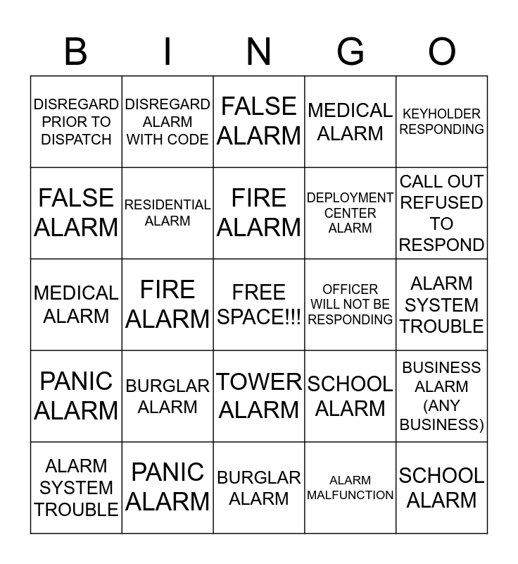 ALARM ROOM BINGO Card