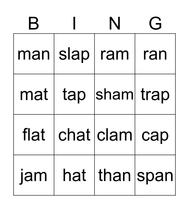 at, an, am and ap word families Bingo Card