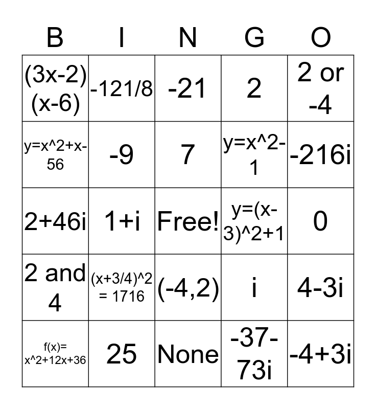 Quadratics M2 Bingo Card