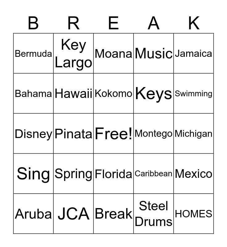 Spring Break Bingo Card