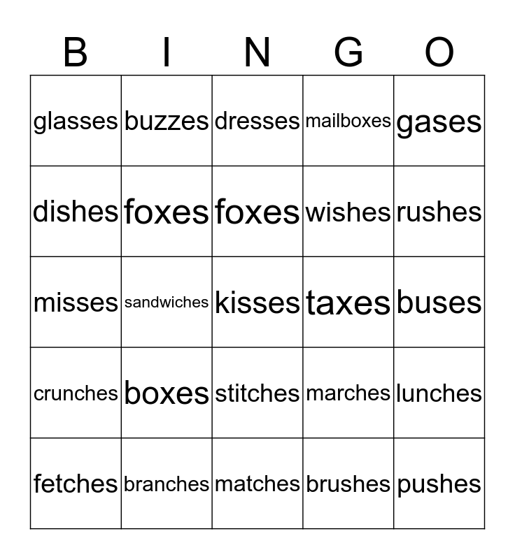 Bingo with -es Bingo Card