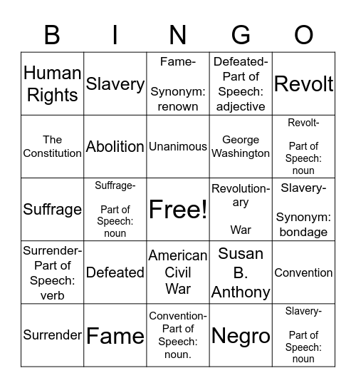 US History, Government, & Human Rights Bingo Card