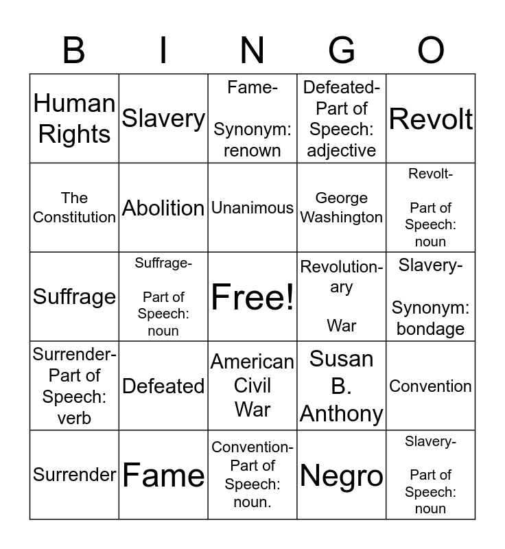 US History, Government, & Human Rights Bingo Card
