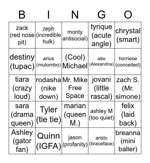 teen bingo personality Bingo Card