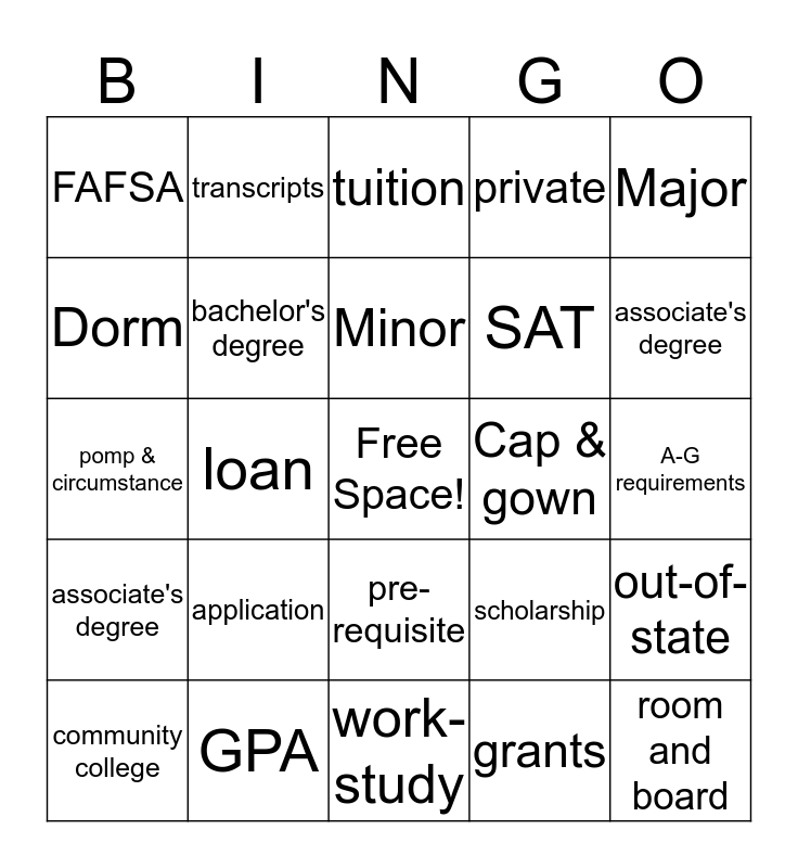 College Awareness Bingo Card