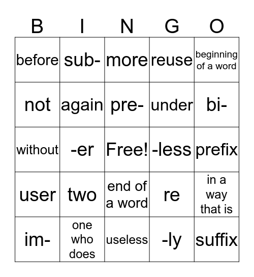 Affixes #1 Bingo Card