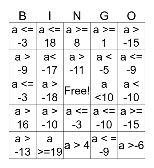 solve 2 or more step inequality Bingo Card