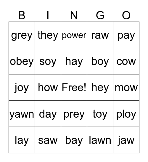 Combination Digraphs: ay, ey,oy, ow, aw Bingo Card