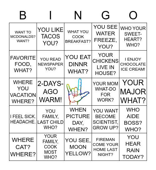 Signing Sentences Bingo Card