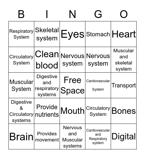 Body Systems Bingo Card