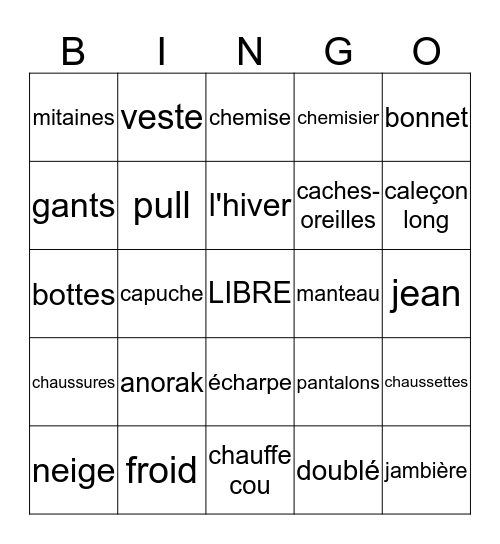 Les Vêtements d'Hiver Bingo Card