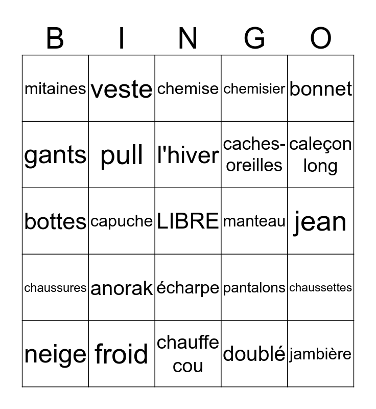 Les Vêtements d'Hiver Bingo Card