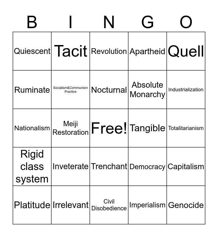 Eng 10 Unit 12 11-20/ Master Bingo Card