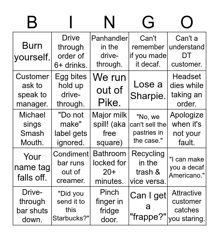 Starbucks Bingo Card