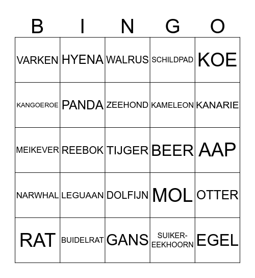 Dieren A Bingo Card