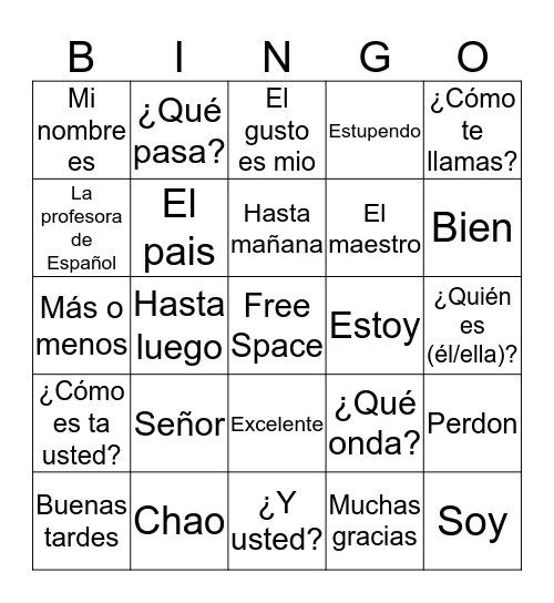 Spanish Bingo Card