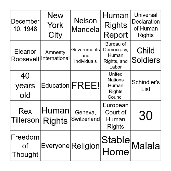 Human Rights Bingo Card