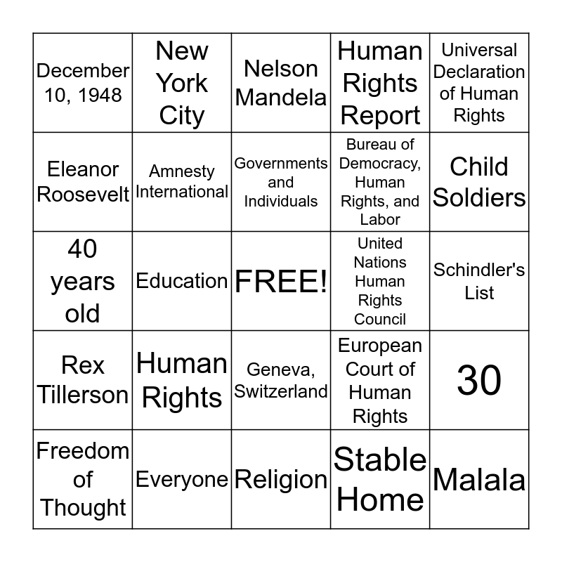 Human Rights Bingo Card