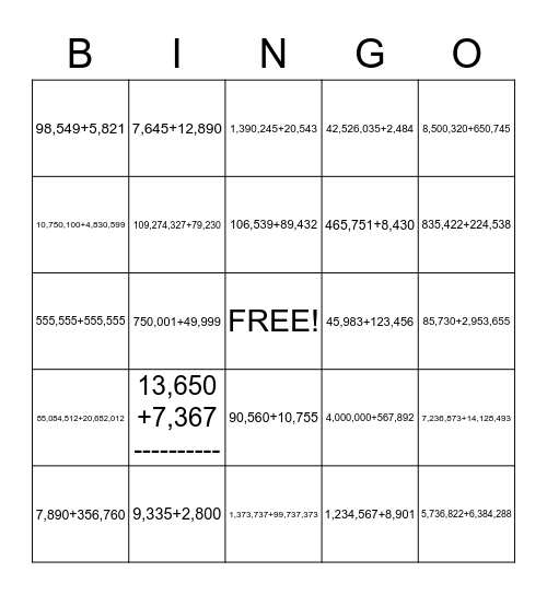 Math Bingo Card