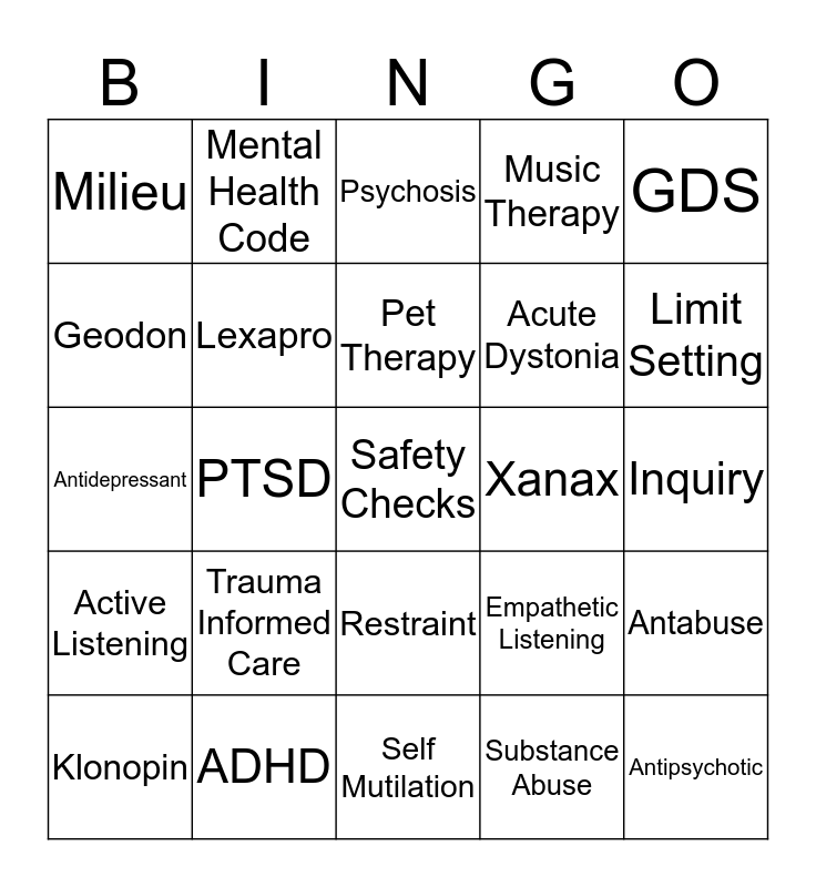 Behavioral Health Bingo Card