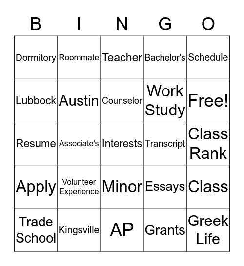 College Bingo Card