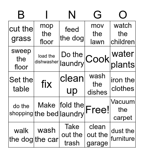 House Chores Bingo Bingo Card