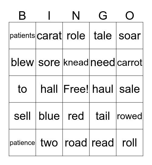 Homophone Bingo Bingo Card