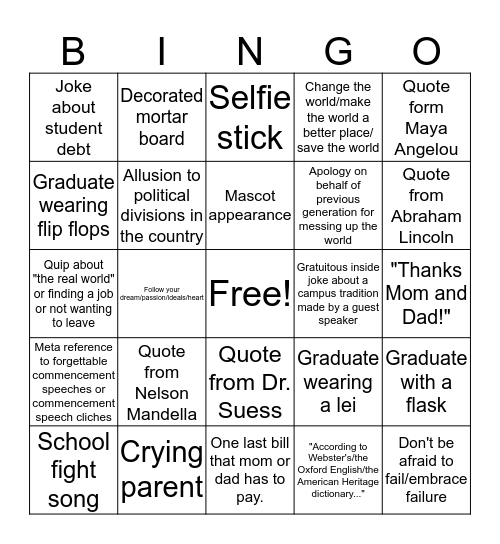 Commencement Ceremony Bingo Card
