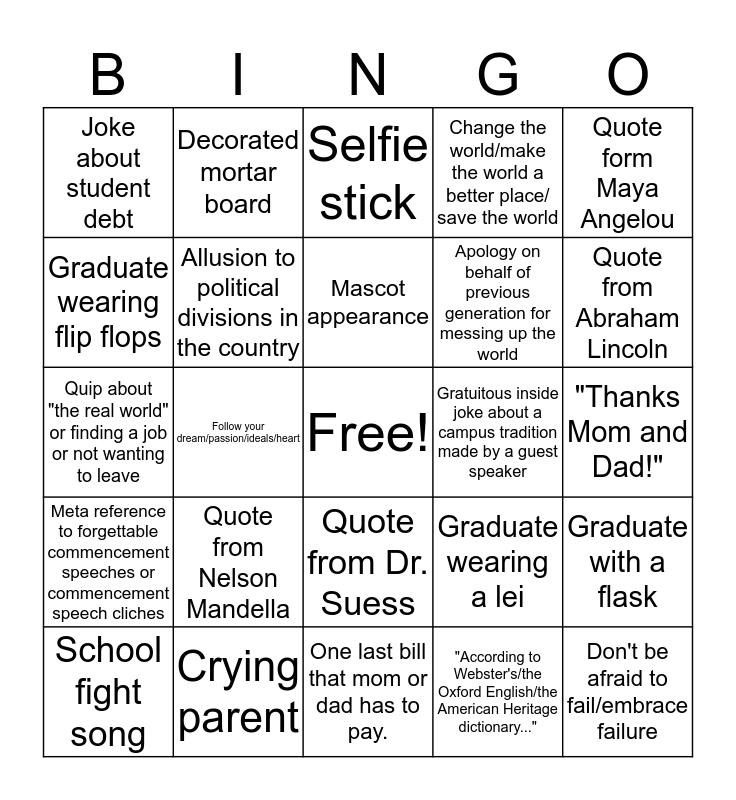 Commencement Ceremony Bingo Card