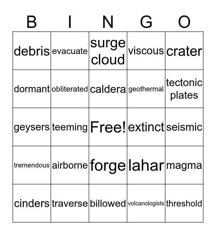 Volcanoes Bingo Card