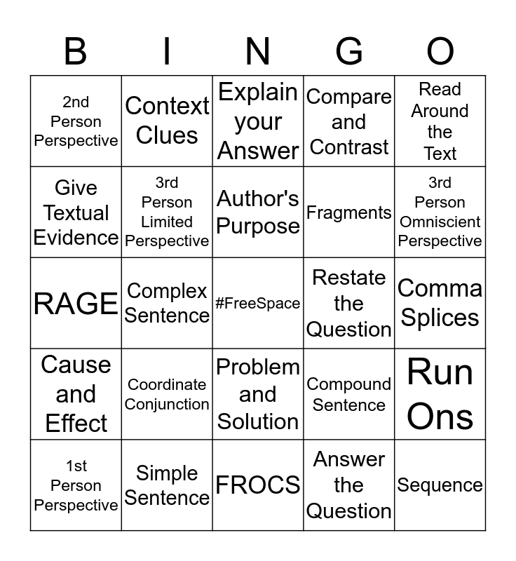 Review Game Example Bingo! Bingo Card