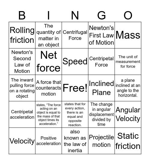 PHYSICS BINGO Card