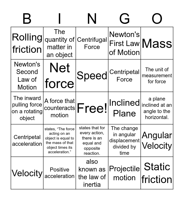 PHYSICS BINGO Card