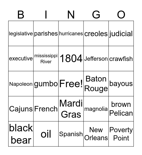 Louisiana Bingo Card