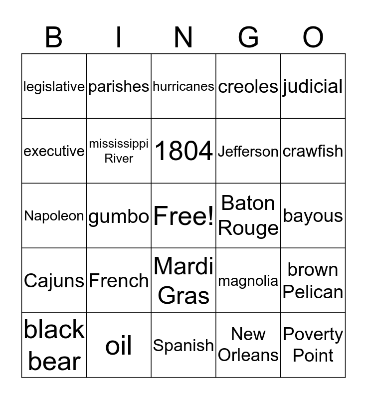 Louisiana Bingo Card