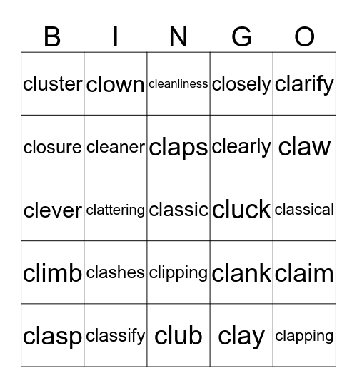 cl - consonant blends Bingo Card