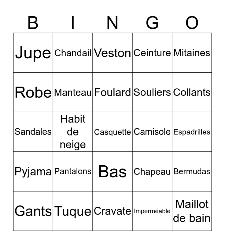Bingo des vêtements Bingo Card