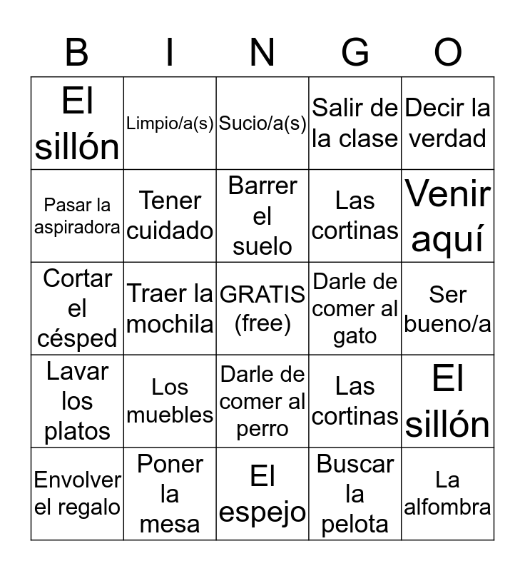 Chores and Other Vocabulary Bingo Card